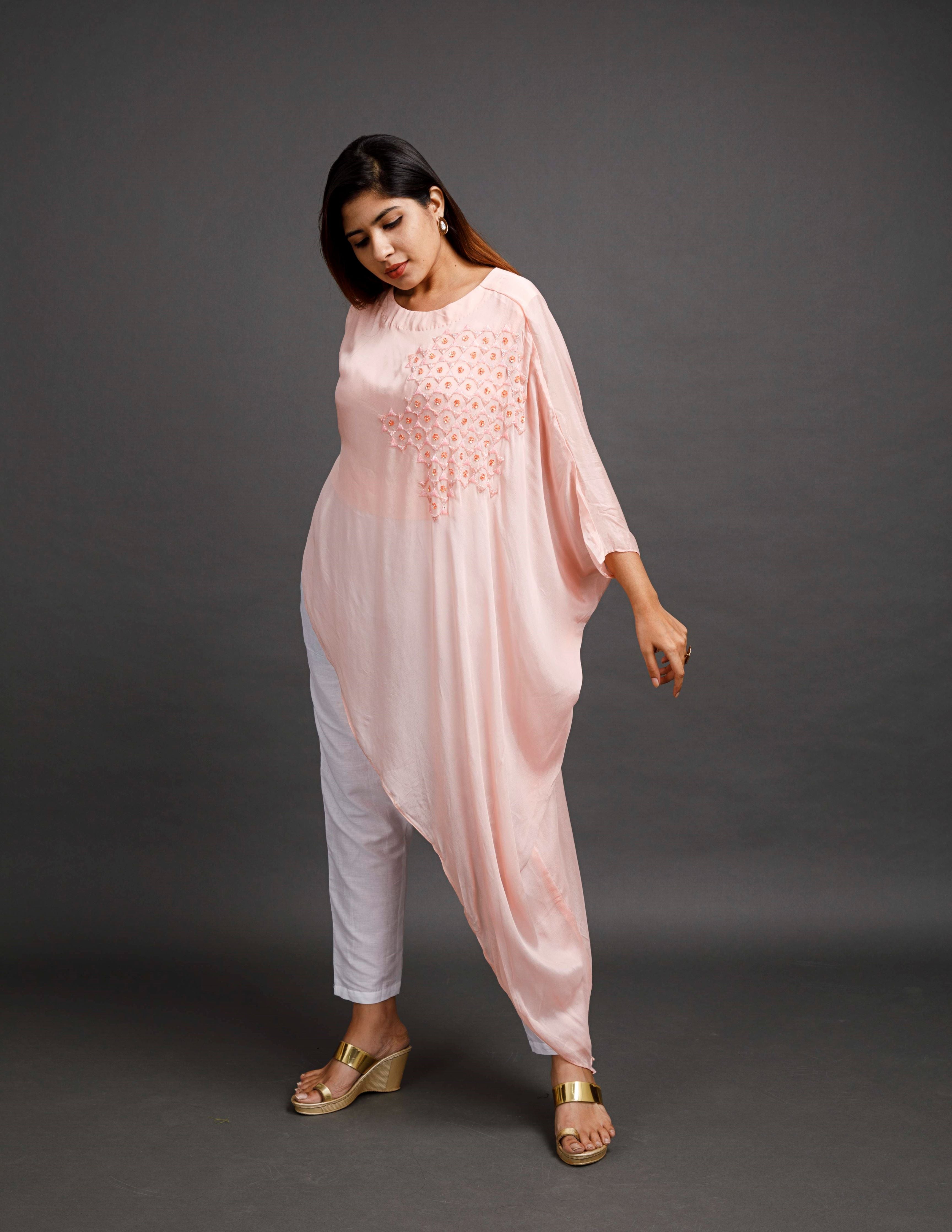 "PEACHY LUSH" Designer Chinnon Kaftan Coord Set – Kurti Swag